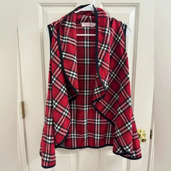 Pink Lily | Jackets & Coats | Pink Lily Red Plaid Vest Open Front Flowy ...